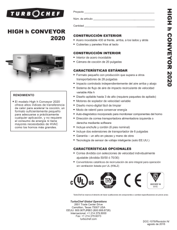 TurboChef High h Conveyor 2020 Especificación | Manualzz