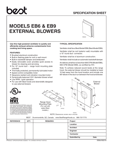 Best EB9 Exterior Blower 890 Max Blower CFM Specification Sheet | Manualzz