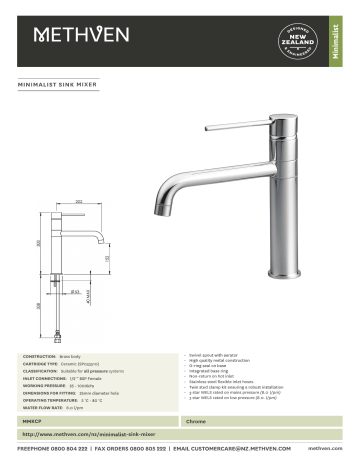 Methven MMKCP Minimalist Sink Mixer Specifications | Manualzz