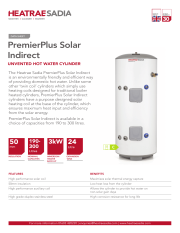 Heatrae Sadia Premier Plus Solar Indirect Specification | Manualzz