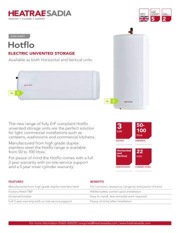 Heatrae Sadia Hotflo 50 - 100 Litre Specification | Manualzz