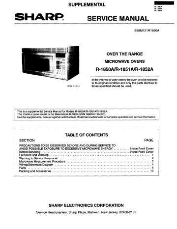 Sharp R1850A Microwave Service Manual | Manualzz