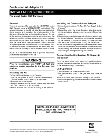 Broan Air Adapter Kit, CMF Furnace Installation Instruction | Manualzz