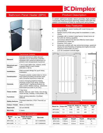 Dimplex BPH100M Bathroom Panel Heater Specification | Manualzz