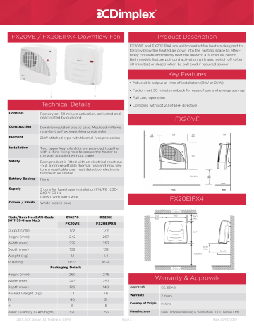Dimplex FX20VE Downflow Fan Heater Specification | Manualzz