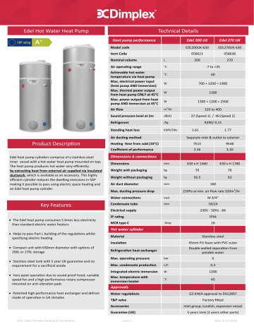 Dimplex EDL200UK-630 Edel Hot Water Heat Pump Specification | Manualzz