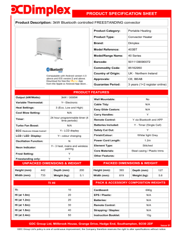 Dimplex 403BTB 3kW Bluetooth Controlled Convector Heater Specification ...