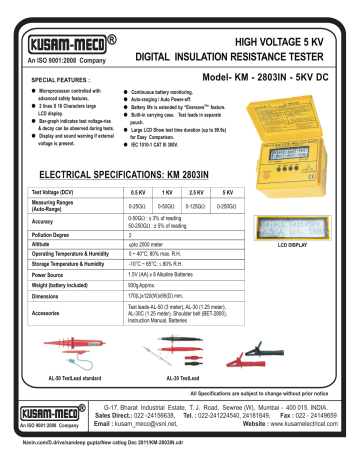 KUSAM-MECO KM 2804IN 10 KV High Voltage Digital Insulation resistance ...