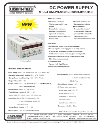 KUSAM-MECO KM PS 302D-II / KM PS 303D-II / KM PS 305D-II DC Dual output ...