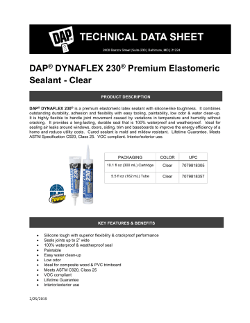 DAP DYNAFLEX 230® Premium Elastomeric Sealant Product sheet | Manualzz