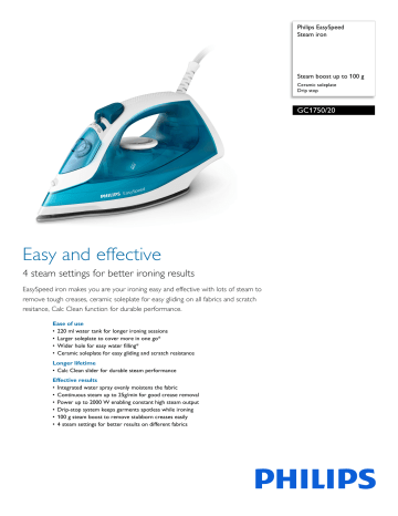 Philips GC1750/20 EasySpeed Steam iron Product datasheet | Manualzz