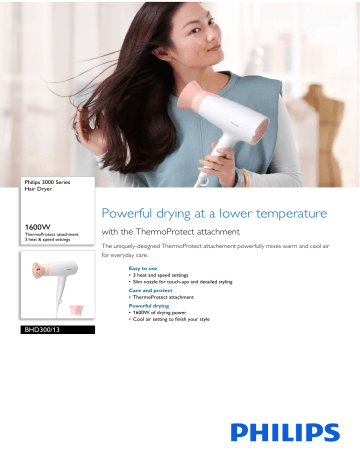 Philips BHD300/13 3000 Series Hair Dryer Product datasheet | Manualzz