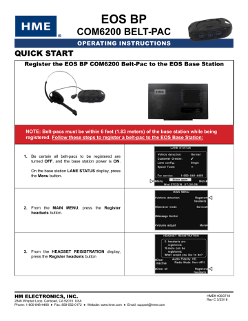 HME EOS BP COM6200 Belt-Pac Operating instructions | Manualzz