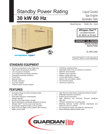 Generac Power Systems Guardian Elite 05402 Specification Sheet | Manualzz