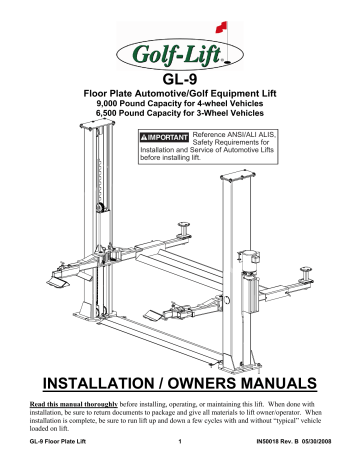 Golf-Lift GL-9 Installation And Owner's Manual | Manualzz