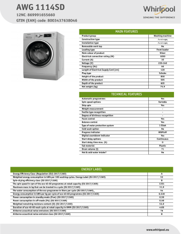 WHIRLPOOL AWG 1114SD Washing machine NEL Data Sheet | Manualzz