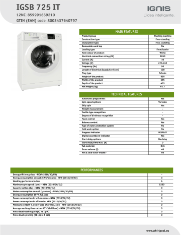 IGNIS IGSB 725 IT Washing machine Product Data Sheet | Manualzz