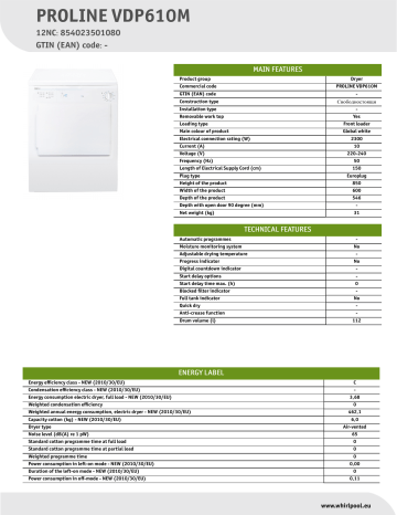 PROLINE PROLINE VDP610M Dryer Product Data Sheet | Manualzz