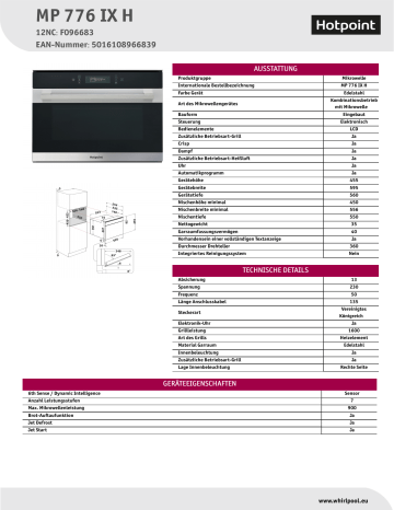 Hotpoint MP 776 IX H Microwave Produktdatenblatt | Manualzz