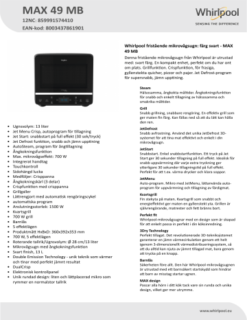 Whirlpool MAX 49 MB Microwave Produktdatablad | Manualzz
