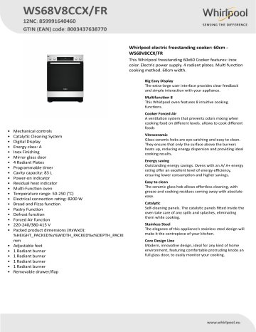 WHIRLPOOL WS68V8CCX/FR Cooker Product Data Sheet | Manualzz