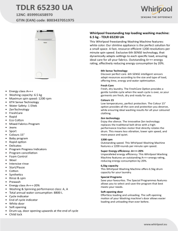 WHIRLPOOL TDLR 65230 UA Washing machine Product Data Sheet | Manualzz