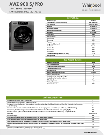 Whirlpool AWZ 9CD S/PRO Dryer Produktdatenblatt | Manualzz
