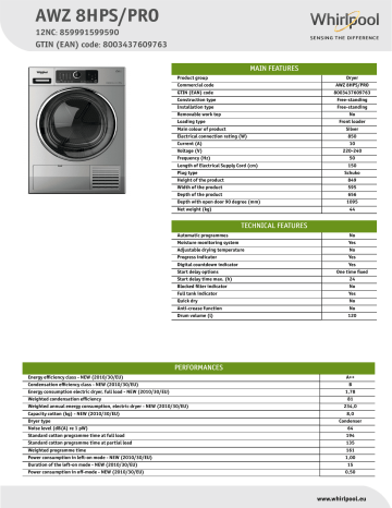 WHIRLPOOL AWZ 8HPS/PRO Dryer Product Data Sheet | Manualzz
