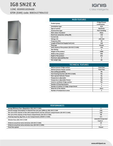 IGNIS IG8 SN2E X Fridge/freezer combination NEL Data Sheet | Manualzz