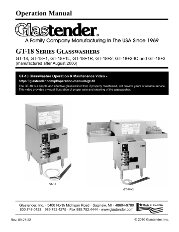 Glastender GT-18 Glasswashers Operation Manual | Manualzz