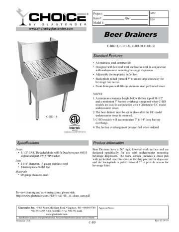 Glastender C-BD Specification | Manualzz