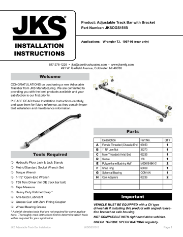 JKS JKSOGS151B Adjustable Rear Track Bar Installation Guide | Manualzz