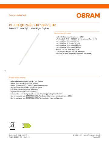 Osram PL-LIN-QD 2600-940 560x20-HV Data Sheet | Manualzz