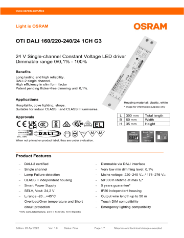 Osram OTi DALI 160/220-240/24 1CH G3 Specification Sheet | Manualzz