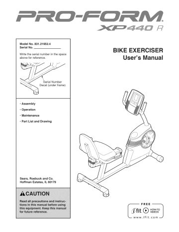 Proform 831219524 XP 440R Exercise Cycle Owner's Manual | Manualzz