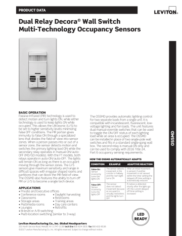 Leviton OSSMD-FTB Occupancy Sensor Data Sheet | Manualzz