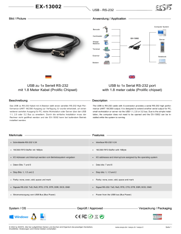 Exsys EX-13002 USB to 1 x Serial RS-232 ports Datasheet | Manualzz