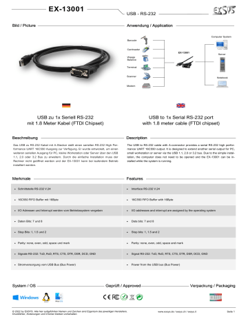 Exsys EX-13001 USB to 1S Serial RS-232 Port Datasheet | Manualzz