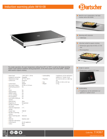 Bartscher 114367 Induction warming plate IW10-EB Data sheet | Manualzz