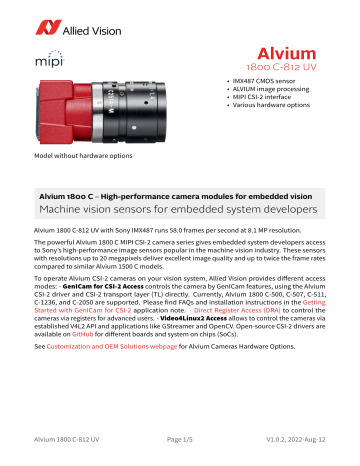 Allied Vision Alvium 1800 C-812 UV Data Sheet | Manualzz