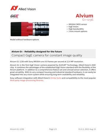 Allied Vision Alvium G1-1236 Data Sheet | Manualzz