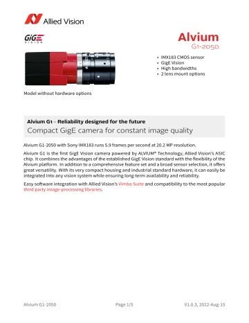 Allied Vision Alvium G1-2050 Data Sheet | Manualzz