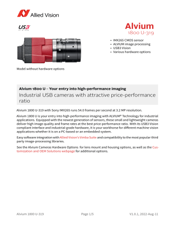 Allied Vision Alvium 1800 U-319 Data Sheet | Manualzz
