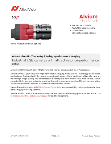 Allied Vision Alvium 1800 U-508 Data Sheet | Manualzz