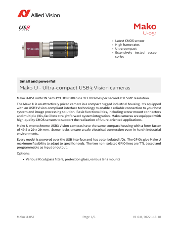 Allied Vision Mako U-051 Data Sheet | Manualzz