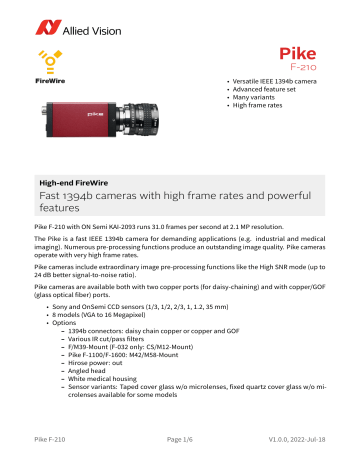 Allied Vision Pike F-210 Data Sheet | Manualzz