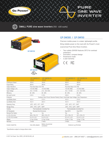 Go Power GP-SW150 Pure Sine Wave Inverter Spec Sheet | Manualzz