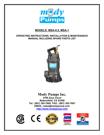 Mody Pumps MSA Series 60Hz Owner's Manual | Manualzz