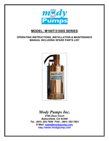 Mody Pumps M-100SS Series (1-2HP) Owner's Manual | Manualzz