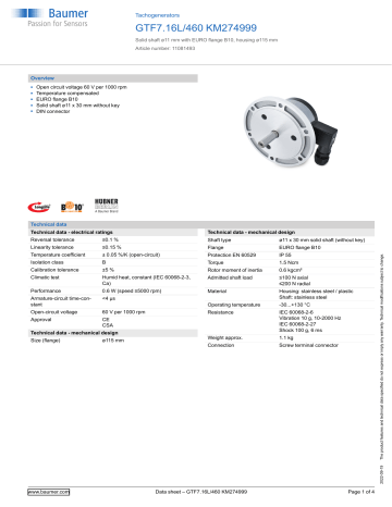 Baumer GTF7.16L/460 KM274999 Tachogenerator Data sheet | Manualzz